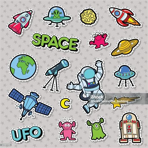 공간 Ufo 로봇과 외계인 배지 패치 애교점에 대한 스톡 벡터 아트 및 기타 이미지 애교점 패션 귀여운 Istock