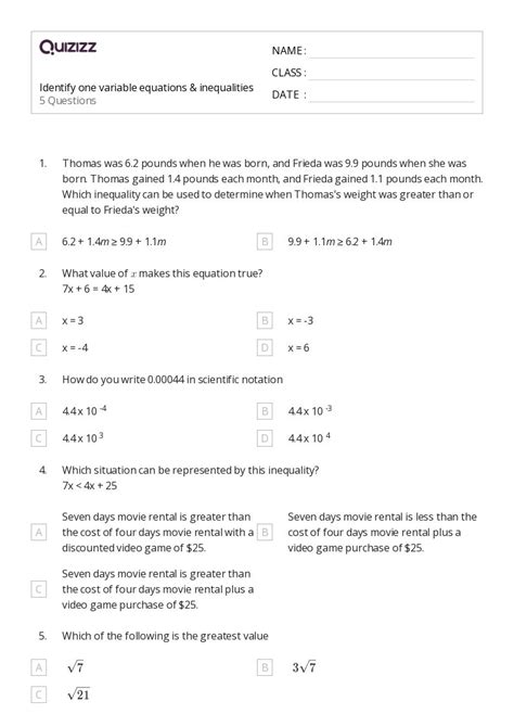 50 One Variable Equations Worksheets For 7th Grade On Quizizz Free