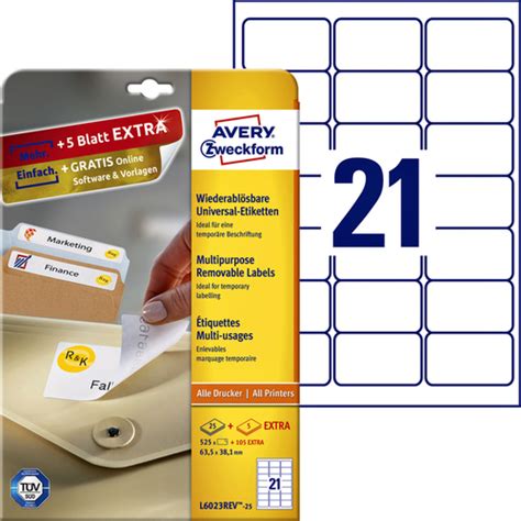 Etiket Avery Zweckform L6023Rev 25 63 5X38 1MM Afneembaar Wit 525Stuks