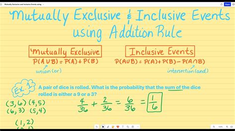 Mutually Exclusive And Inclusive Events Using Addition Rule Youtube