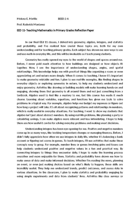 Math Reflection Paper Melona E Matilla Beed 2 A Prof Roderick Montanez Eed 11 Teaching