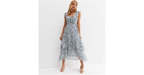 Gini London Blue Leopard Print Ruffle Midi Wrap Dress New Look