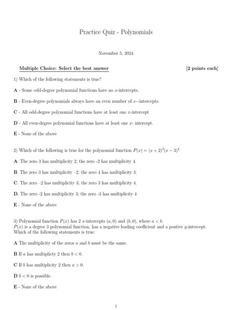 2025 Polynomial Practise Quiz Pdf Zero Of A Function Mathematical