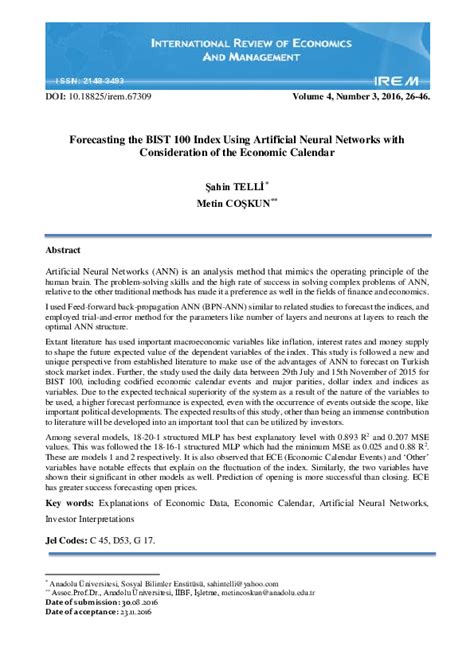 Pdf Forecasting The Bist 100 Index Using Artificial Neural Networks With Consideration Of The