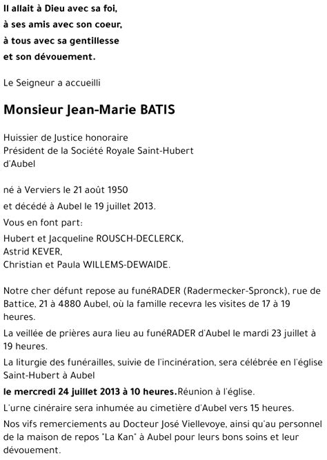Avis De Décès De Jean Marie Batis Décédé Le 19 07 2013 à Aubel
