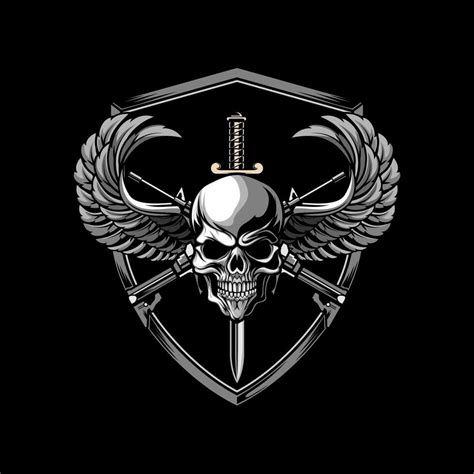 Crossed Assault Rifles With Winged Soldier Skull In Shield Logo Design