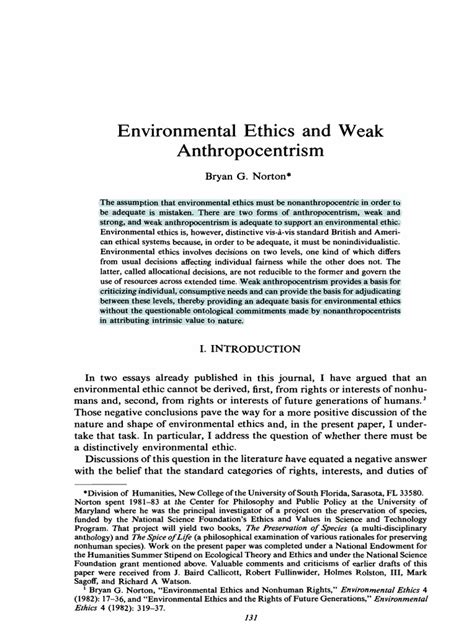 Environmental Ethics And Weak Anthropocentrism Pdf Environmental