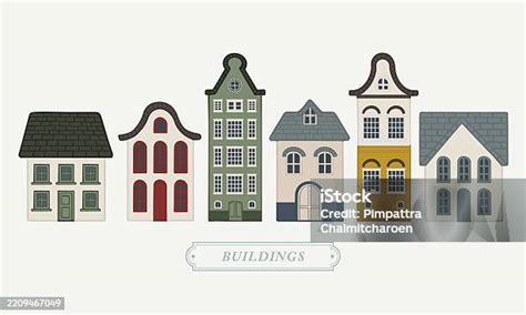 유럽 네덜란드 스타일 건물 및 주택 외관 손으로 그린 일러스트레이션 컬렉션 요소 장식 컨셉 제안 디자인 엽서 배너 소셜 미디어 거리에 대한 스톡 벡터 아트 및 기타 이미지