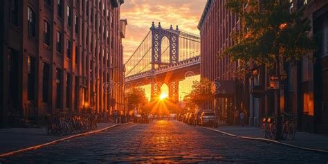 Sun Shining Through Manhattan Bridge At Sunset In Dumbo Brooklyn New