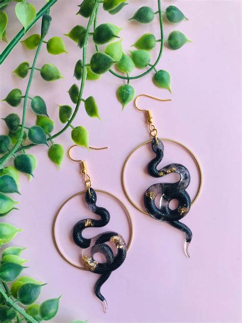 Black And Gold Snake Earrings With Scales Serpent Earrings Witchy Earrings Statement Earrings