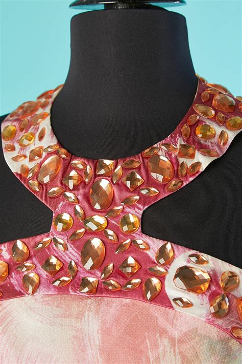 Backless Cocktail Dress In Printed Chiffon And Rhinestone Neckless Jiki