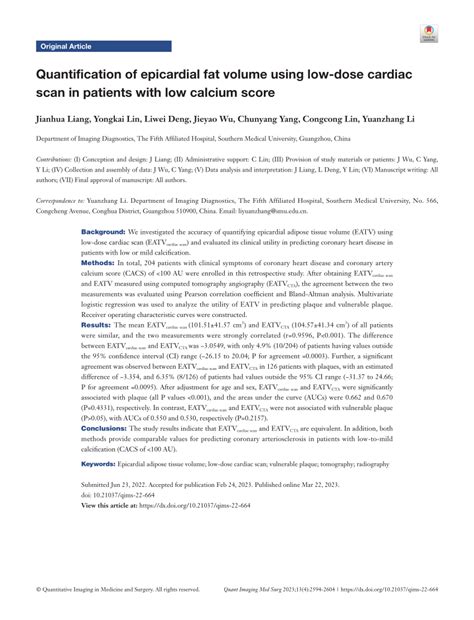 Pdf Quantification Of Epicardial Fat Volume Using Low Dose Cardiac
