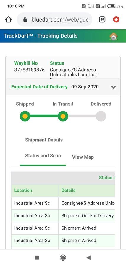 Resolved Blue Dart Express — Address Unlocatable