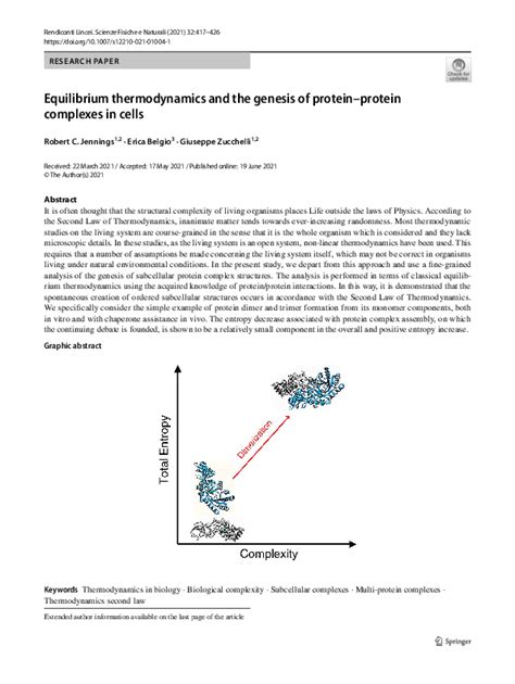 Pdf Equilibrium Thermodynamics And The Genesis Of Protein Protein Complexes In Cells Erica
