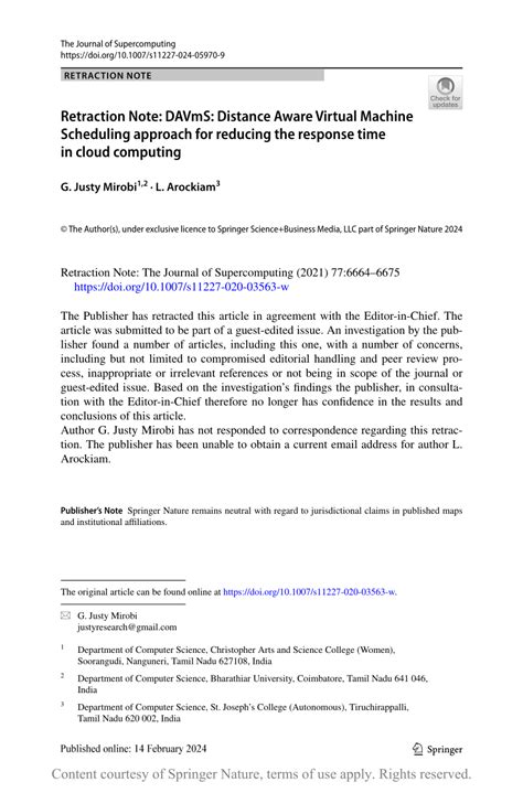 Retraction Note Davms Distance Aware Virtual Machine Scheduling