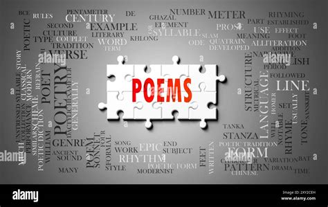Poems As A Complex Subject Related To Important Topics Spreading Around As A Word Cloud Stock