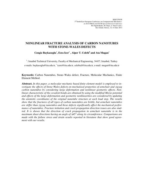 Pdf Nonlinear Fracture Analysis Of Carbon Nanotubes With Stone Wales