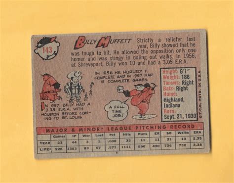 1958 Topps Billy Muffett 143 St Louis Cardinals G Vg Free Shipping Ebay