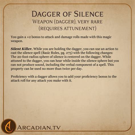 Dagger Of Silence New DnD Magic Item Arcadian Media