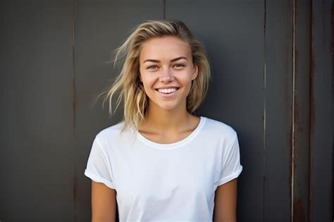 Premium Photo Portrait Of Beautiful Blond Woman Wearing White Tshirt