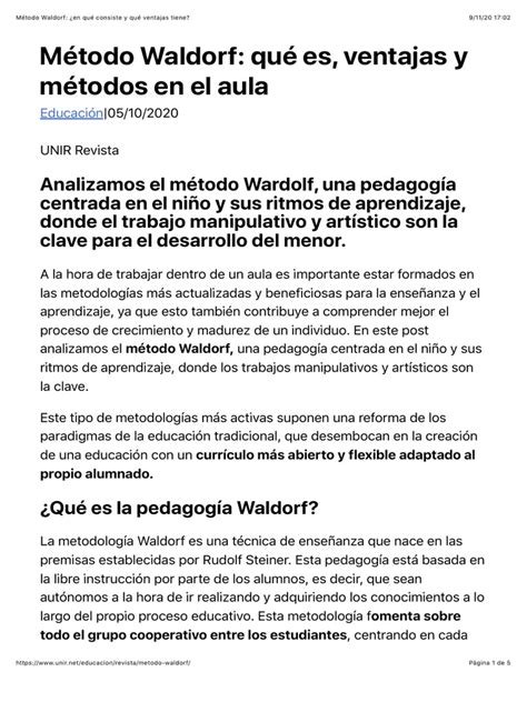 Método Waldorf ¿en Qué Consiste Y Qué Ventajas Tiene Pdf Waldorf