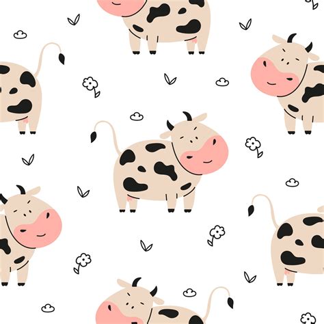 Cute Cow Seamless Pattern With Flower And Leaf 46344010 Vector Art At