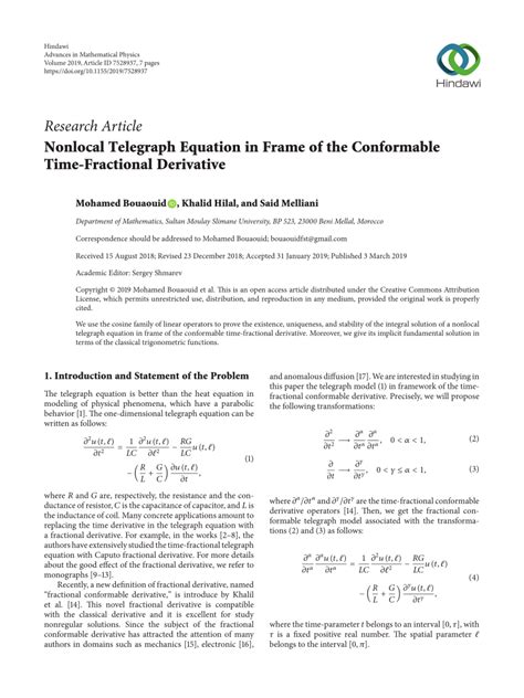 Pdf Nonlocal Telegraph Equation In Frame Of The Conformable Time Fractional Derivative