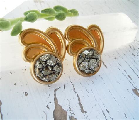Items Similar To Pyrite Earrings Boho Vintage Brass Flower Clusters
