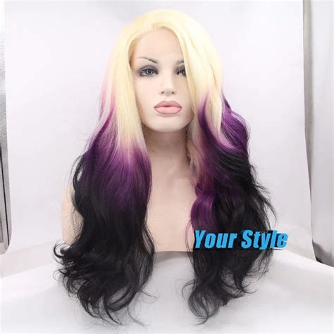 Three Tones Ombre Purple Black White Synthetic Lace Front Wig Long Body