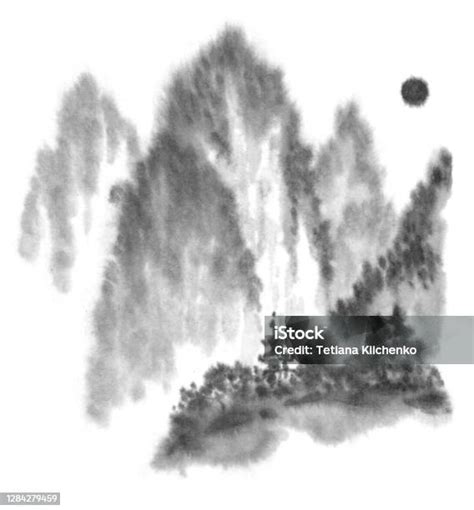 산과 배경 잉크 산 흑백 이미지 잉크 중국 산 풍경 안개 에 산 산에 나무 잉크 이미지입니다 소나무 언덕 피크 0명에 대한 스톡