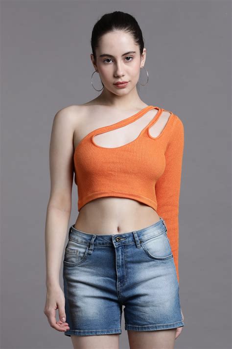 Asymmetric Cutout One Shoulder Long Sleeve Crop Top Kandm