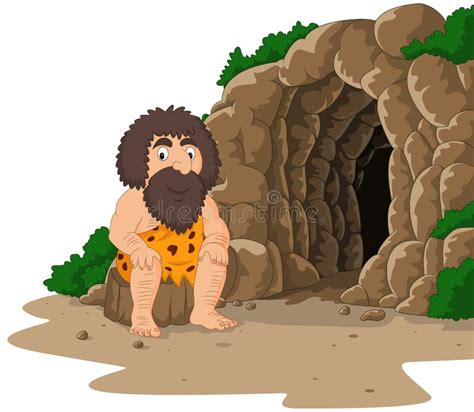 Homem Das Cavernas Dos Desenhos Animados Que Senta Se Fundo Da