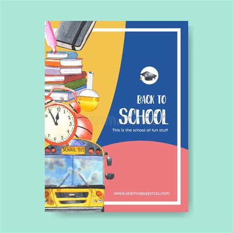 School Poster Design With Alarm Clock School Bus Watercolor