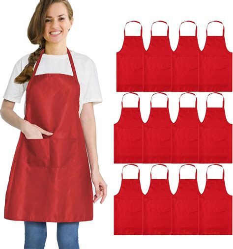 Multifuns 12 Pack Red Aprons For Women Men With 2 Pockets