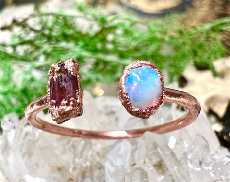Opal And Pink Tourmaline Ring October Birthstone Jewelry Etsy