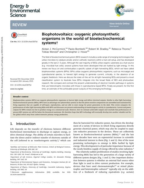 Pdf Biophotovoltaics Oxygenic Photosynthetic Organisms In The World