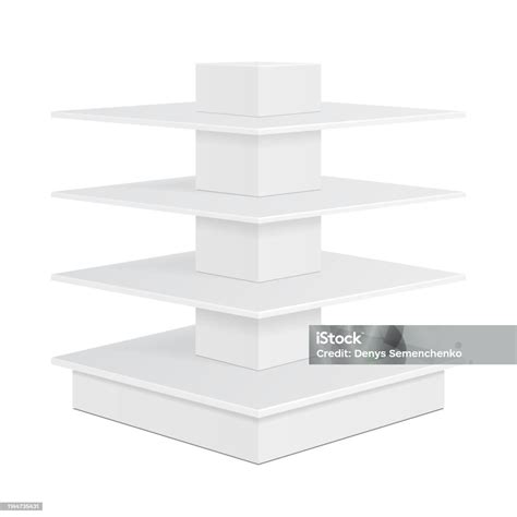 흰색 배경에 고립 된 선반 제품 슈퍼마켓 빈 빈 디스플레이 대 한 화이트 광장 Pos Poi 마분지 바닥 디스플레이 랙 디자인을 위한 준비 제품 포장 벡터 Eps10 3차원