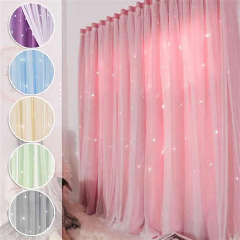Star Pattern Curtain 2 Layers Hook And Loop Curtains Window Translucent Opaque No Need To Drill