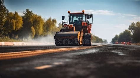 Roller Rolling Fresh Hot Asphalt On The New Road Road Construction Stock Illustration