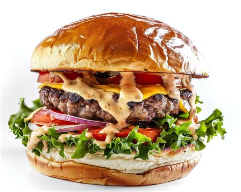 A Large Hamburger With Cheese Lettuce Tomato And Ketchup 47137847