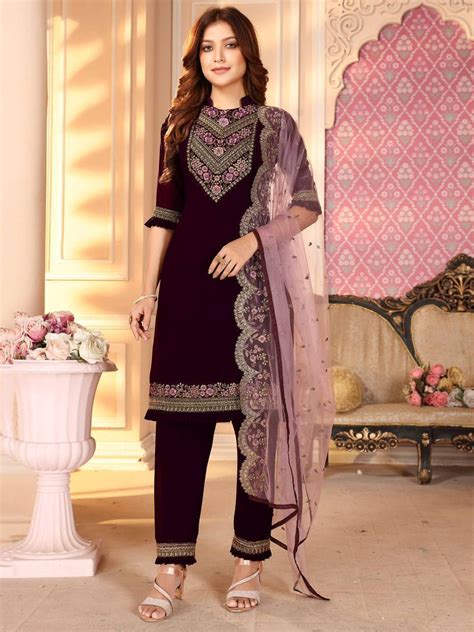 Wine Embroidered Georgette Festival Wear Straight Pant Suit Ethnic Plus