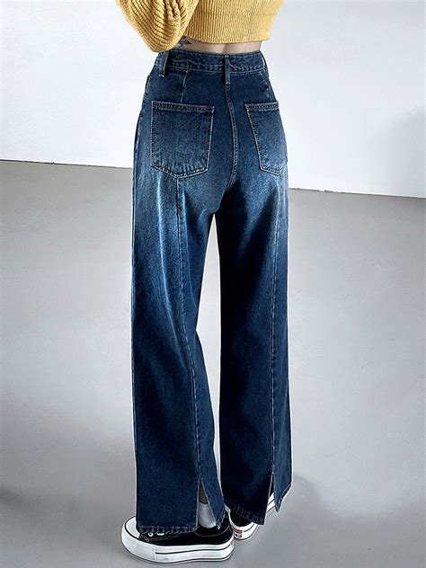 이너니티 당출🚀[하이웨스트 기모안감ෆ] 밑단 뒷트임 절개라인 워싱 와이드핏 롱 데님팬츠 진청