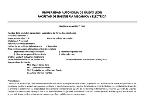 Laboratorio De Termodinamica Basica 1 UNIVERSIDAD AUTNOMA DE NUEVO