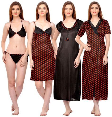 Buy Phalin Womens Black And Red Satin Polka Print Short Nighty And Long