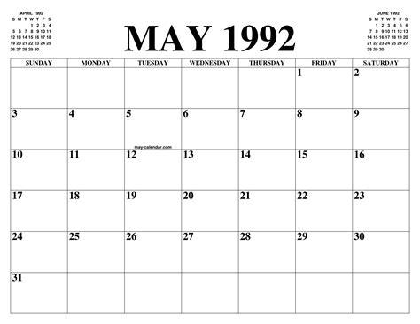 May 1992 Calendar Of The Month Free Printable May Calendar Of The Year Agenda