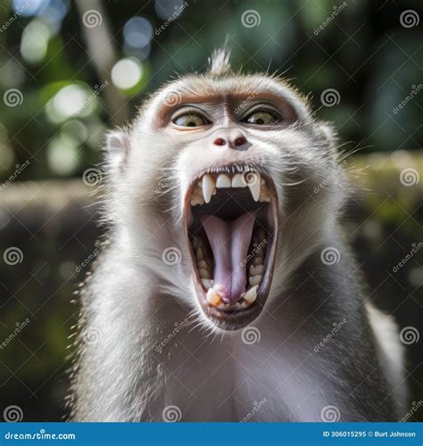 Indonesia Bali Monkey Wide Yawn Showing Long Teeth Stock Image Image