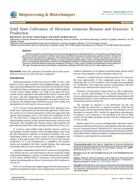 Solid State Cultivation Of Hericium Erinaceus Biomass And Erinacine A Production 2155 9821