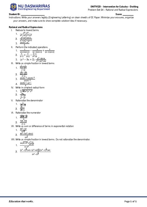 Enitv 12d Problem Set 04 Rational And Radical Expressions Solutions