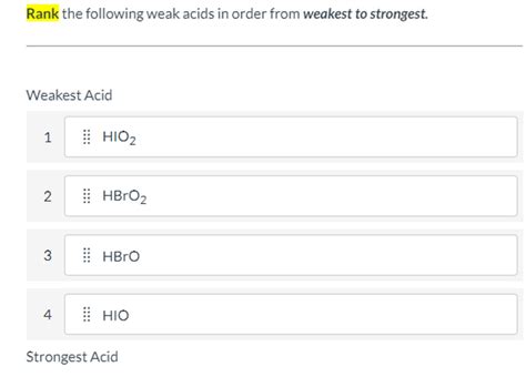 Solved Rank The Following Weak Acids In Order From Weakest