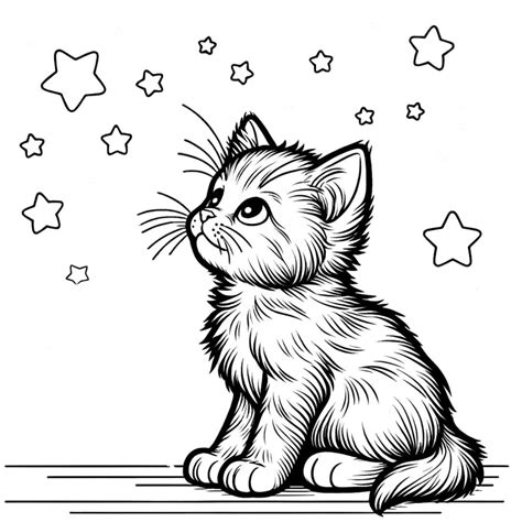 Coloriage Chaton Et Les Étoiles